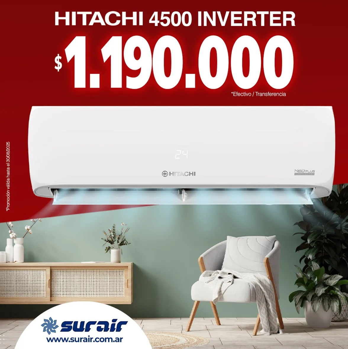 Aire Acondicionado Split Inverter Hitachi 4500 Frío/Calor - Surair ...